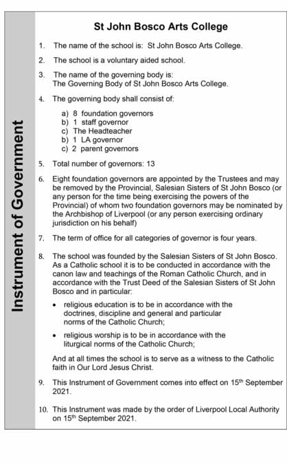 St John Bosco Arts College - Instrument of Government